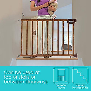 Summer Infant Deluxe Stairway Simple to Secure Wood Gate, 32” Tall Fits Openings up to 30” to 48” Wide Baby and Pet Gate for Hallways, Doorways and Stairways, Oak