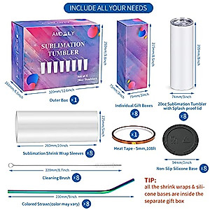 Sublimation Tumblers, 8Pack 20 oz Straight Skinny Sublimation Tumbler Blank Double Wall Insulated Tumbler w/ Lids, Straws, DIY Stickers, Heat Tape, Shrink Wrap, Individually Boxed for Heat Transfer