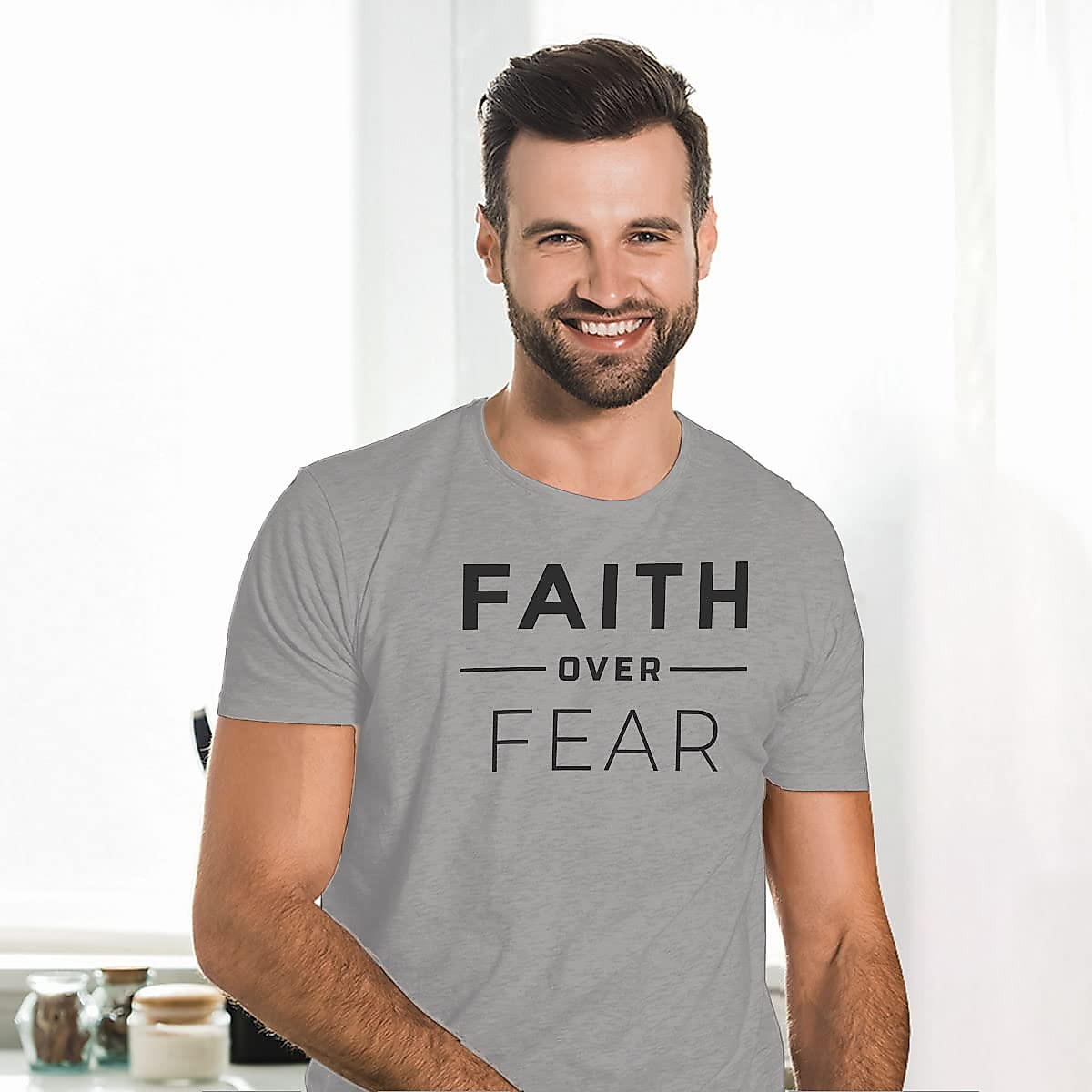Faith Over Fear T Shirts - Slim Unisex Cotton Casual Shirt - Short Sleeves Crew Neck Soft Fitted Jesus Bible Tee Tops - Breathable Christian Shirts for Women & Men - Moisture Wicking Odor Protection