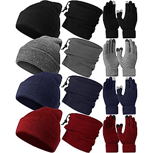 Liitrsh 12 Pcs Winter Beanie Hat Scarf Touchscreen Gloves Set Skull Cap Knit Fleece Neck Warmer Touch Screen Mittens for Women Men (Classic Colors)