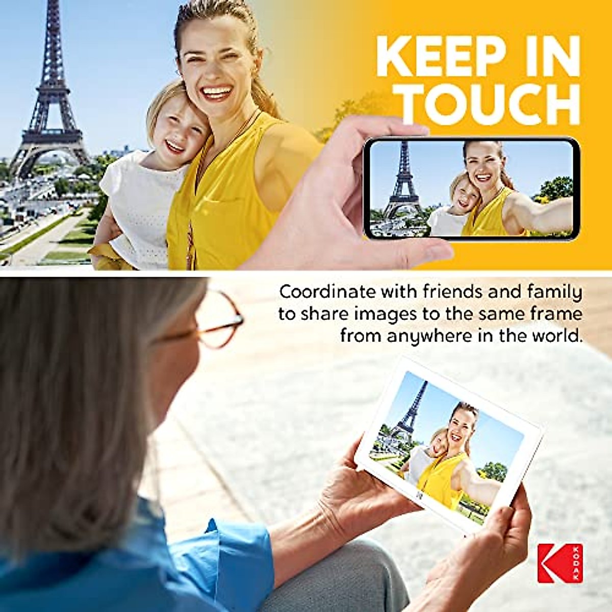 Kodak 10-Inch Touch Screen Digital Picture Frame, Wi-Fi Enabled with 16GB of Internal Memory, HD Photo Display and Music/Video Support Plus Clock, Calendar, Weather and Location Updates - Whilte