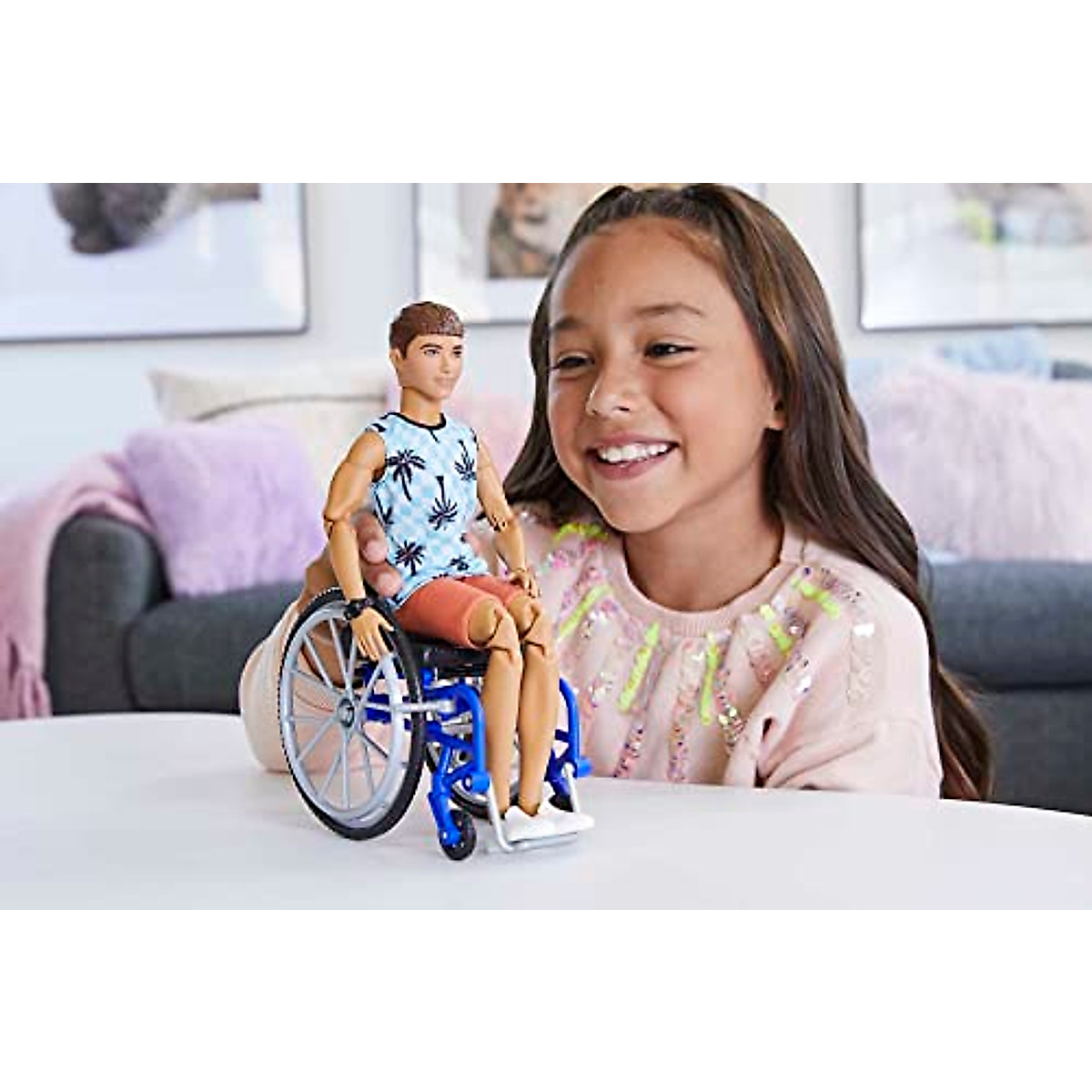 Barbie Ken Fashionistas Doll #195 with Wheelchair and Ramp Wearing Beach Shirt, Orange Shorts and Accessories