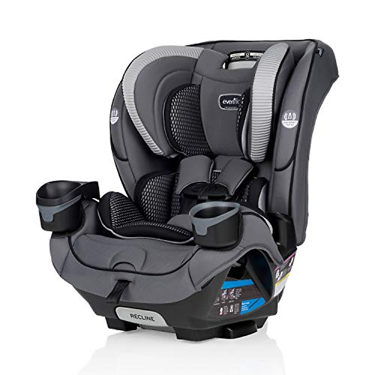 Evenflo EveryFit 4-in-1 Convertible Car Seat Featuring 12-Position Headrest, Two Integrated Cup Holders, Removable Snack Tray, and Machine-Washable Fabric (Winston Gray)