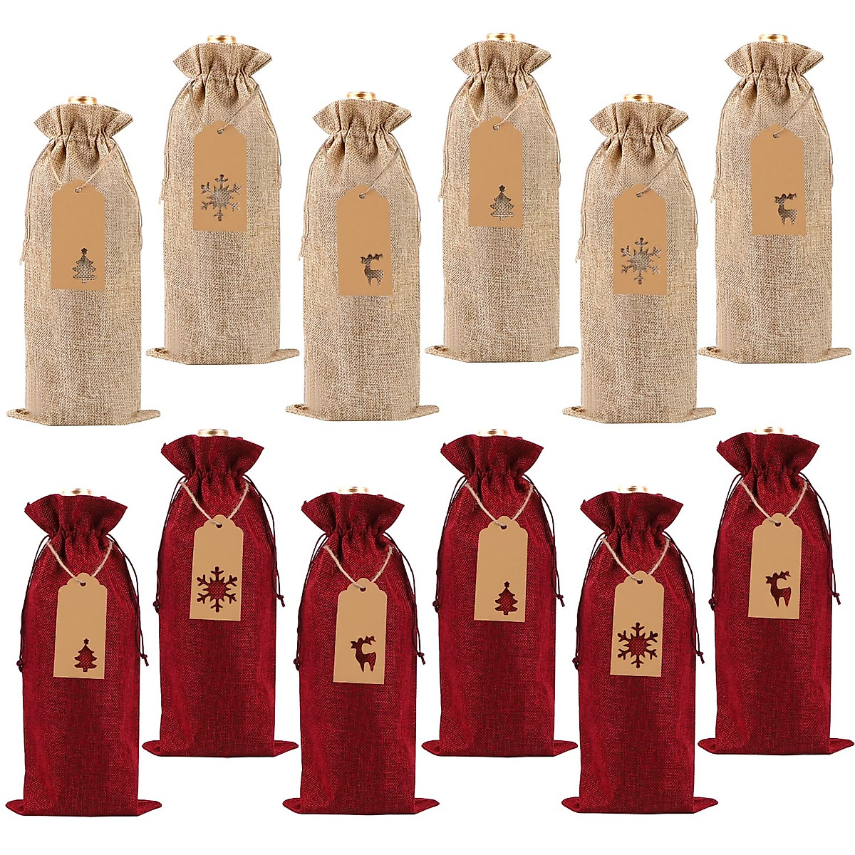 JOICEE 12pcs Burlap Wine Gift Bags, Burlap Jute Wine Bottle Covers Bags Reusable Jute Wine Bags with Drawstring for Christmas Wedding Party