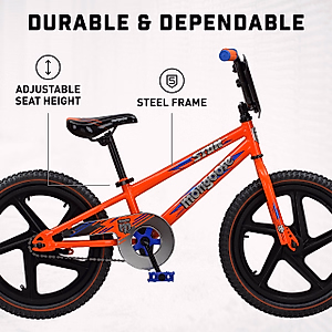 Mongoose Stun Freestyle BMX Kids Bike, Mag Wheels, Small Stand-Over Steel Frame, Chain Guard, Foot Brake, Boys and Girls 5 - 7 Years Old, 18-Inch Wheels, Blue/Orange