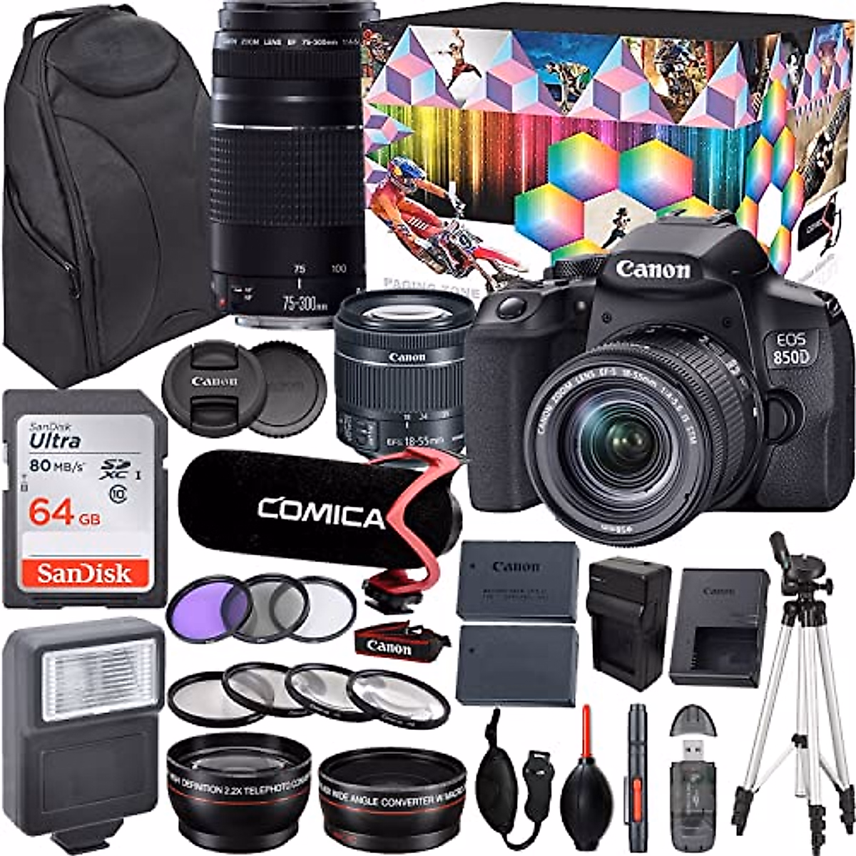 Camera Bundle for Canon EOS 850D / Rebel T8i DSLR Camera with EF-S 18-55mm f/4-5.6 is STM + EF 75-300mm f/4-5.6 III + Microphone with Video Kit Accessories (64GB, Tripod, Flash, and More)
