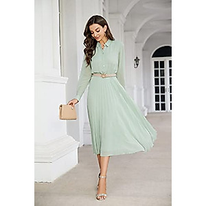 AbleTree Business Casual Shirt Dress for Women Long Sleeves Pleated Midi Dresses with Belt Mint Green