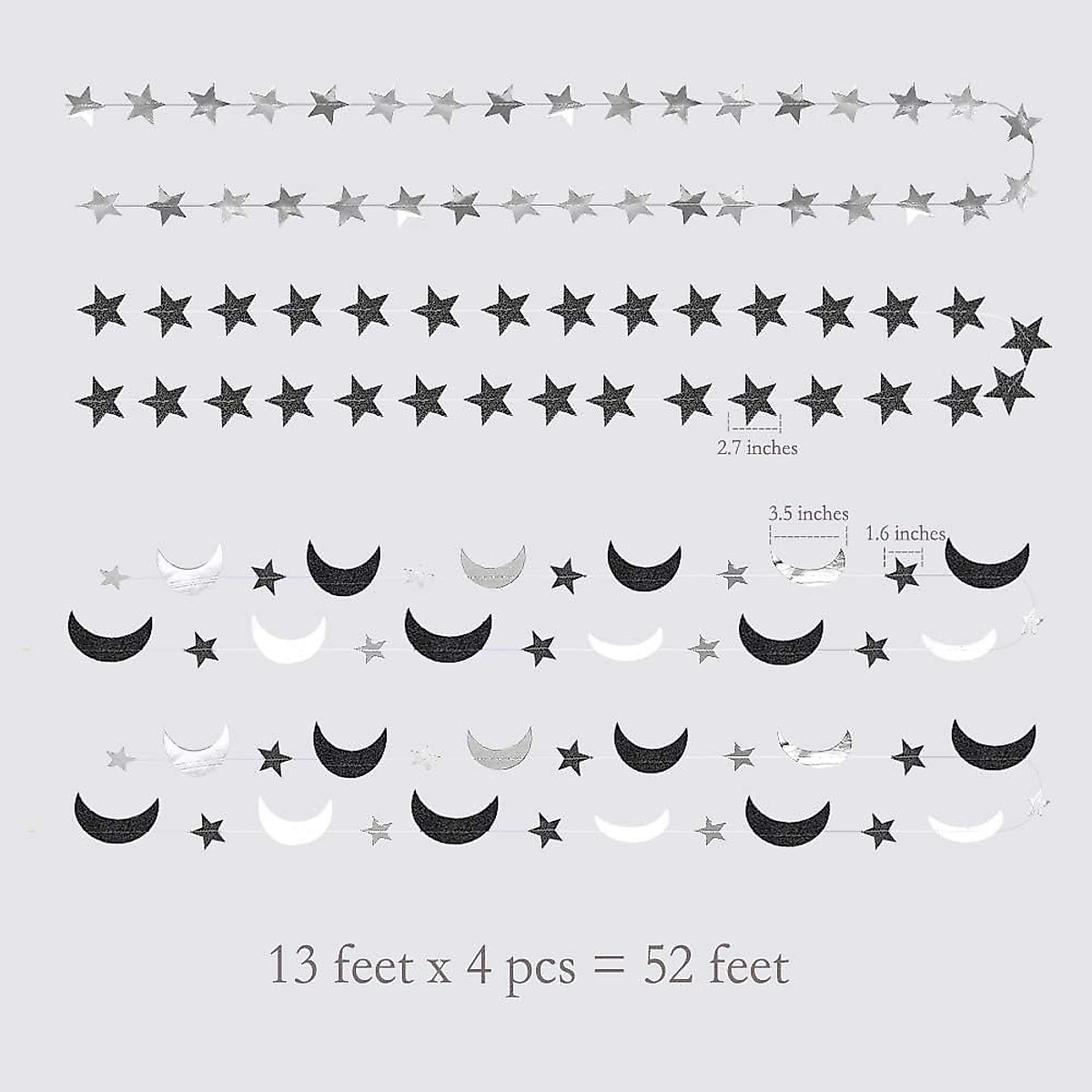Cheerland New Years Eve Party Decoration Black Silver Crescent Moon Star Garlands for Halloween Birthday Decorations Hanging Twinkle Star Garlands for Bday Wedding EID Graduation Ramadan NYE Supplies