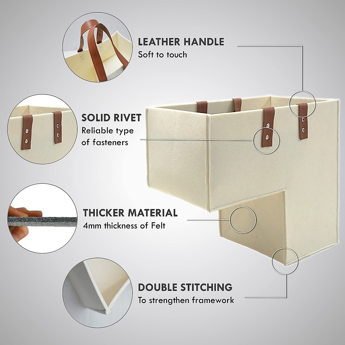 Stair Basket Leather Handles 16' ' Staircase Baskets Carpeted Wooden Stairs Made of 4mm Premium Felt Stair Organizer Laundry Basket Basket Stairs Foldable Staircase Basket, Beige (SBK01-HF-16)