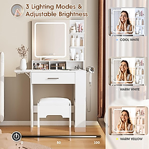 Fameill Vanity Desk with Mirror and Lights, Small Makeup Vanity with Drawer & Lots Storage Shelves, White Vanity Table with Charging Station & Time Display, Vanity Set with Chair, for Bedroom