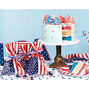 100 Pcs Patriotic Cellophane Treat Bags 4th of July Candy Goodie Bags Memorial Day Independence Day Red White Blue Star Loot Bags with 22 Yards Ribbon 4th of July Party Favor Decor, 6 x 9 Inch