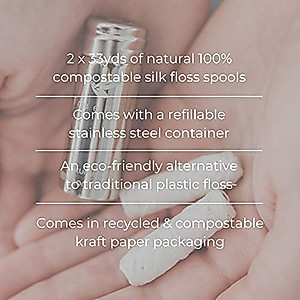 Biodegradable Dental Floss | Refillable & Reusable Zero Waste Steel Dispenser | 2x33yd Waxed Natural Cruelty Free Peace Silk Spools | 100% Compostable | Eco Friendly Plastic Free Oral Care