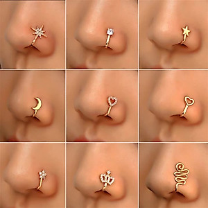 HMOOY 9Pcs Fake Nose Rings, Gold African Nose Cuff Non Piercing Clip On Nose Ring Nose Clip Nose Ring Fake Nose Ring Cuff Nose Clip Jewelry for Women Men (Gold)