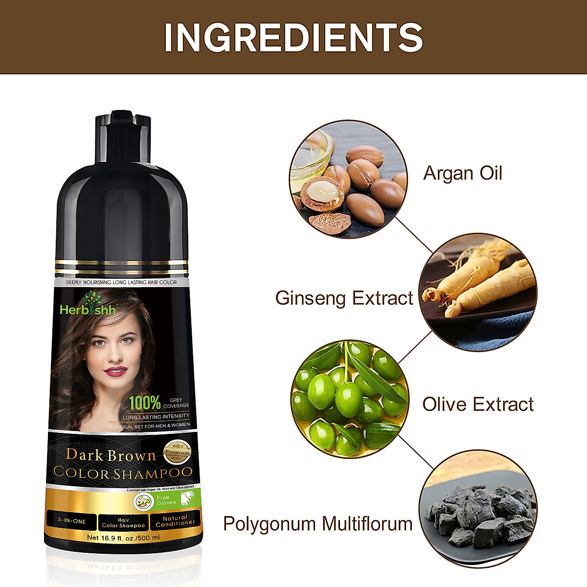 Herbishh Hair Color Shampoo - Magic Dye for Gray Hair, Lasting Color in Minutes - 500 Ml, 3-In-1, Ammonia-Free (Dark Brown)