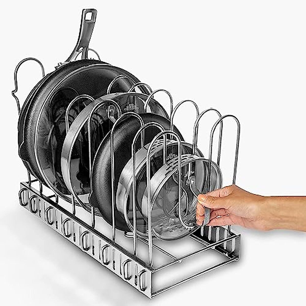 GeekDigg Pot Rack Organizer, Adjustable Height and Position Pots and Pan Rack, Kitchen Counter and Cabinet Pan Organizer Shelf Rack/Pot Lid Holder with 3 DIY Methods - Silver