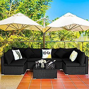 Tangkula 7 Piece Patio Furniture Set, Outdoor Sectional Sofa w/Pillows and Cushions, Wicker Sofa Conversation Set with Coffee Table, Patio Sofa and Tea Table Set for Garden, Lawn (Black)