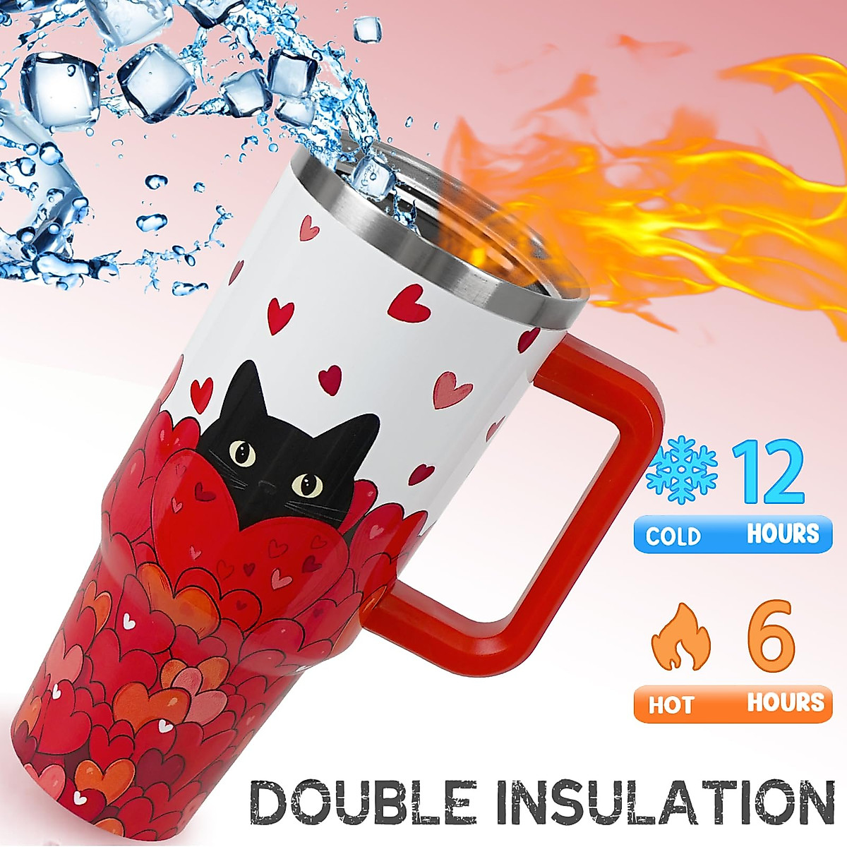 Nqhsionv Valentines Cat Tumbler with Handle 40 oz Cute Black Cat Love Hearts Coffee Travel Mug Stainless Steel Insulated Cup Valentines Anniversary Wedding Birthday Gifts for Women Cat Lover