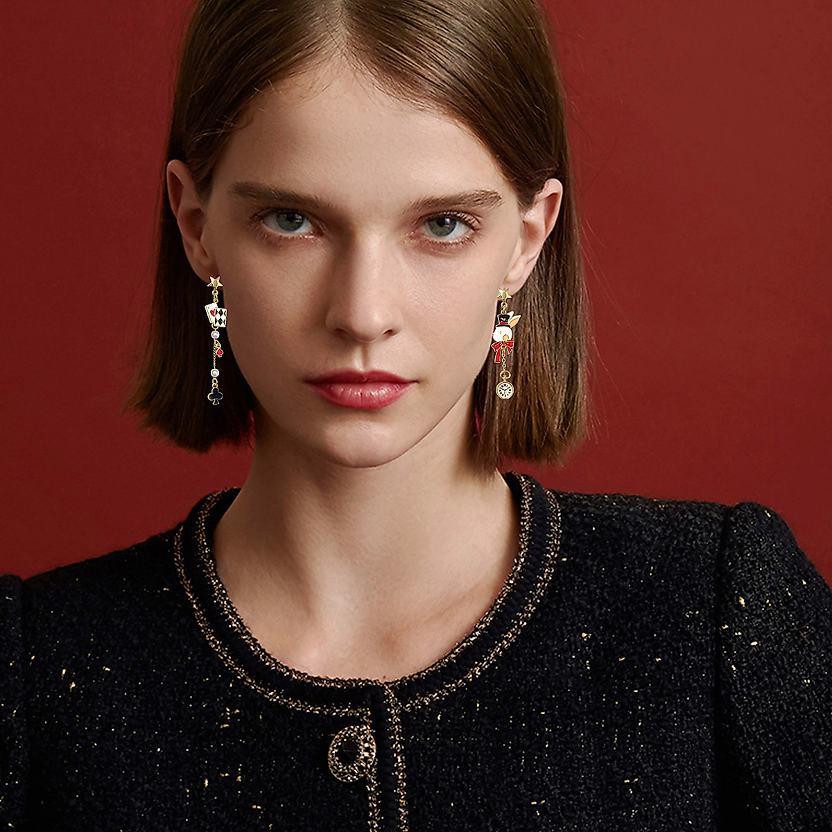 Asymmetric Poker Card Clock Poker Dangle Earrings Chic Red Heart Ace Enamel Gold Plated Playing Cards Rabbit Alarm Clock Drop Earrings (Gold)