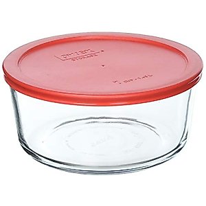 Pyrex 7 Cup Storage Capacity Plus Round Dish with Plastic Cover Sold in Packs of 4, Pack of 4, Red