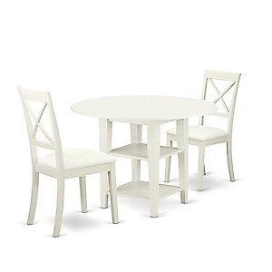 East West Furniture SUBO3-LWH-LC 3 Piece Dining Room Furniture Set Contains a Round Dining Table with Dropleaf & Shelves and 2 Faux Leather Upholstered Chairs, 42x42 Inch, Linen White