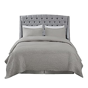 Madison Park Harper Upholstered Nail Head Trim Wingback Button Tufted Headboard Modern Contemporary Metal Legs Padded Bedroom Décor Accent, King Grey