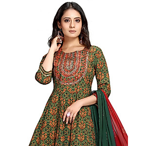 Rajnandini Women's Pure Cambric Cotton Embroidered Kurta Set With Dupatta (JOPLVL213-XXL_Green & Red_XXL)