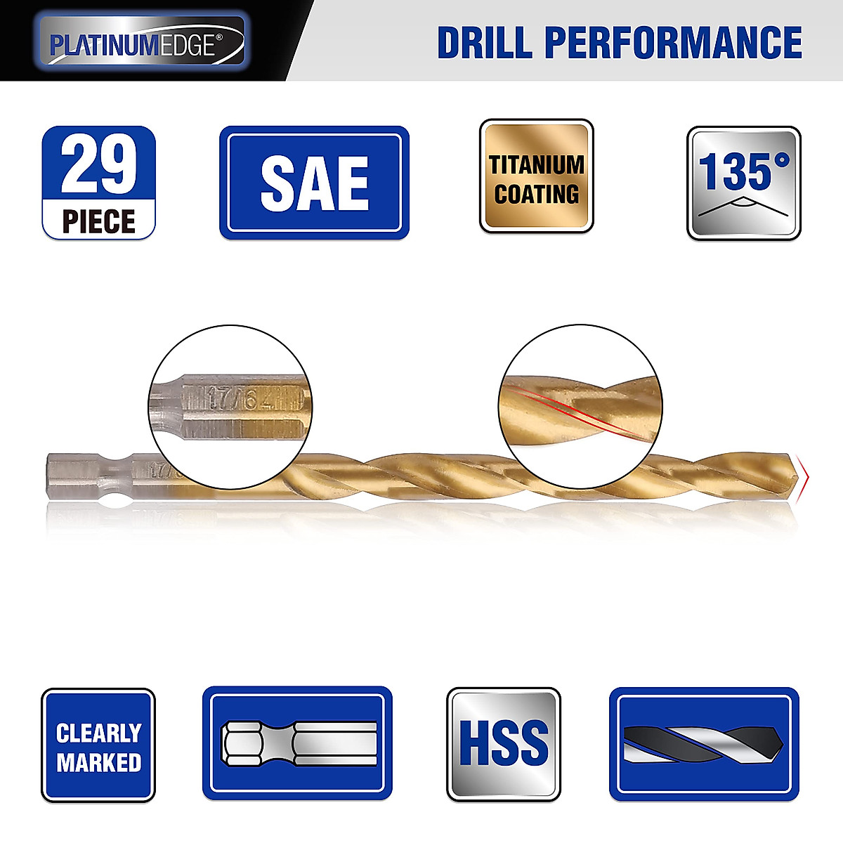 PLATINUMEDGE 46 Pieces Titanium Twist Drill Bit Set with Cr-V Bits, Hex Shank Drill Bit Set, 29 Pieces HSS Drill Bits from 1/16” to 1/2”, 1 Quick-Change Adapter, 16 Pieces Cr-V Bits, Quick Change
