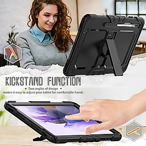 SaharaCase - Defense Series Case Cover for Samsung Galaxy Tab S7 FE (2021) and Tab S8 Plus (2022) [Shockproof Bumper] Rugged Full Screen Protection Integrated Kickstand Antislip Cover - Black