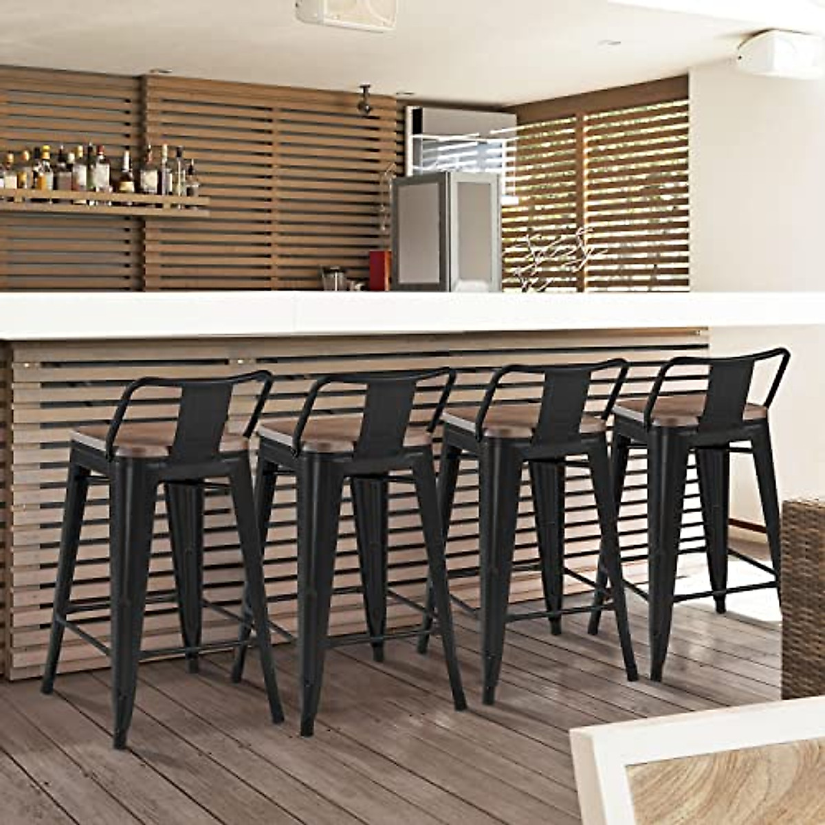 Yaheetech 24'' Metal Bar Stool 4PCS Low Back Conuter Stools for Indoor/Outdoor Barstools w/Wooden Seat Metal Leg Industrial Counter Height Black