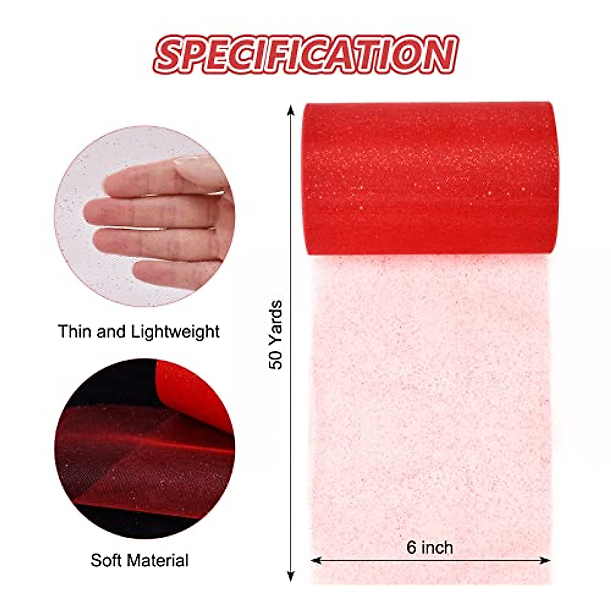 Glitter Tulle Rolls 6” by 50 Yards Sparkle Tulle Fabric Ribbon Sequin Tulle Netting Rolls for DIY Tutu Skirt Wedding Birthday Party Decoration (Red)