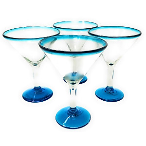 Mexican Hand Blown Glass – Set of 4 Hand Blown Modern Margarita Glasses - Aqua Rim (12 oz)