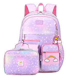 BEFUNIRISE Girls Backpack, School Backpacks 16 17 inch for Girls,Cute Book Bag for Teen Kid Elementary Middle High School (Purple Set, Small)