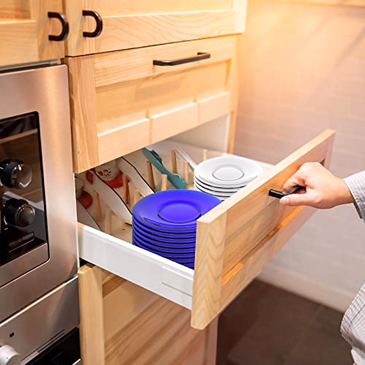 30 x 21 Inch Wood Drawer Peg Board with 20 Pegs Adjustable Deep Drawer Peg Board System Wood Drawer Organizer for Home Kitchen Shelf Cupboard Storage Food Containers Cookware Serveware Utensils