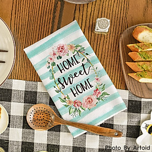 Artoid Mode Watercolor Stripes Kitchen Dish Towels Spring Quotes, 18 x 26 Inch Seasonal Spring Flower Wreath Ultra Absorbent Drying Cloth Tea Towels for Cooking Baking Set of 2