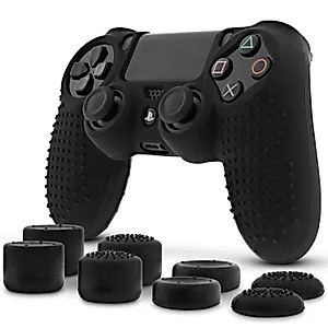 Fosmon PS4 Controller Skin with 8 Thumb Grips, Anti-Slip Silicone Grip Cover Protector Case Compatible with Sony PlayStation PS4 Slim/PRO 4 DualShock Controller (Black)
