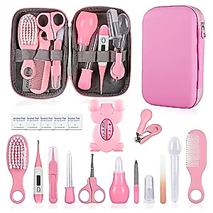 Baby Grooming Kit, Infant Safety Care Set with Hair Brush Comb Nail Clipper Nasal Aspirator Ear Cleaner,Baby Essentials Kit for Newborn Girls Boys (Pink Baby Grooming kit)