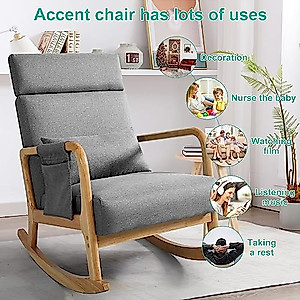 YuuYee Patio Rocking Chair Outdoor/Indoor, Wooden Glider Rocker Chair with Lumbar Pillow, Modern Upholstered Comfy Accent Living Room Chairs for Adults, Head/Neck Supporting, Side Pocket (Grey)