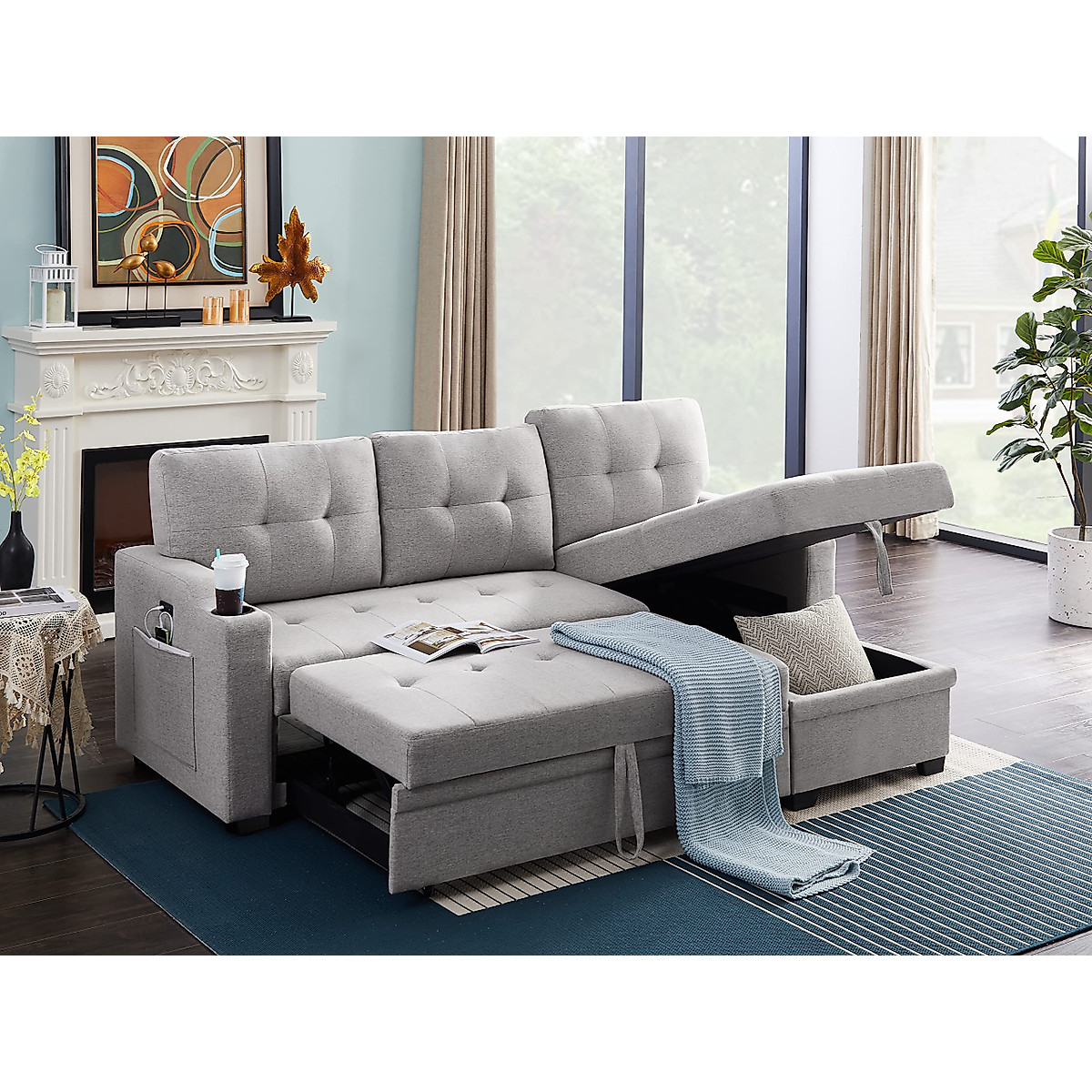 Lilola Home Mabel Light Gray Linen Fabric Sleeper Sectional with cupholder, USB Charging Port and Pocket