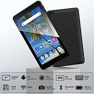 NORTH BISON Android Tablet 7 inch, Android 11 Tablet, 2GB RAM 32GB ROM, Quad-Core Processor, Dual Camera, WiFi, Bluetooth, 128GB Expand, GMS Certified-Black