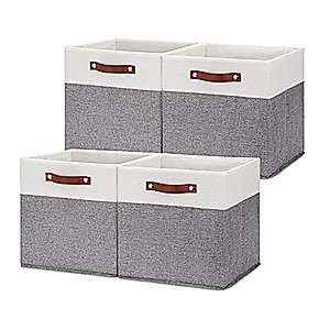 HNZIGE Foldable Storage Bins 13x13 Storage Cubes Set of 4 Fabric Linen Storage Baskets for Shelves Drawer with Handles Organizer for Shelves Toy Nursery Closet Bedroom