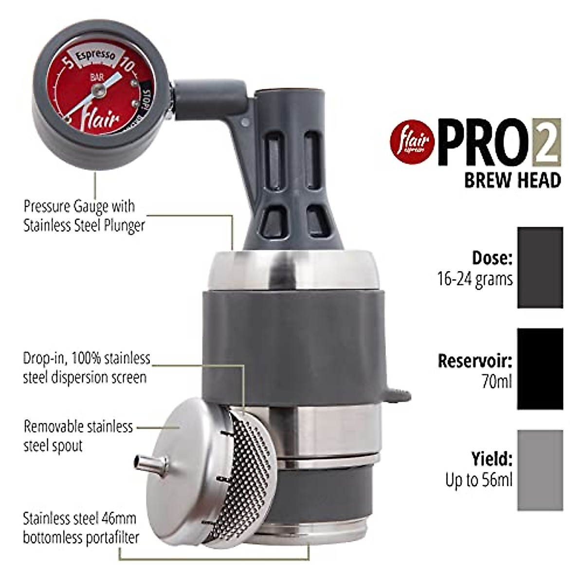 Flair Espresso Maker PRO 2 (White) - An all manual lever espresso maker with stainless steel brew head and pressure gauge