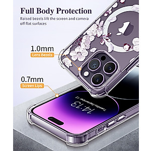 GVIEWIN for iPhone 14 Pro Max Case Compatible with MagSafe, [Screen Protector + Camera Lens Protector][MIL-Grade Protection] Magnetic Floral Clear Shockproof Women for 14 Pro Max Phone Case(Foliolosa)