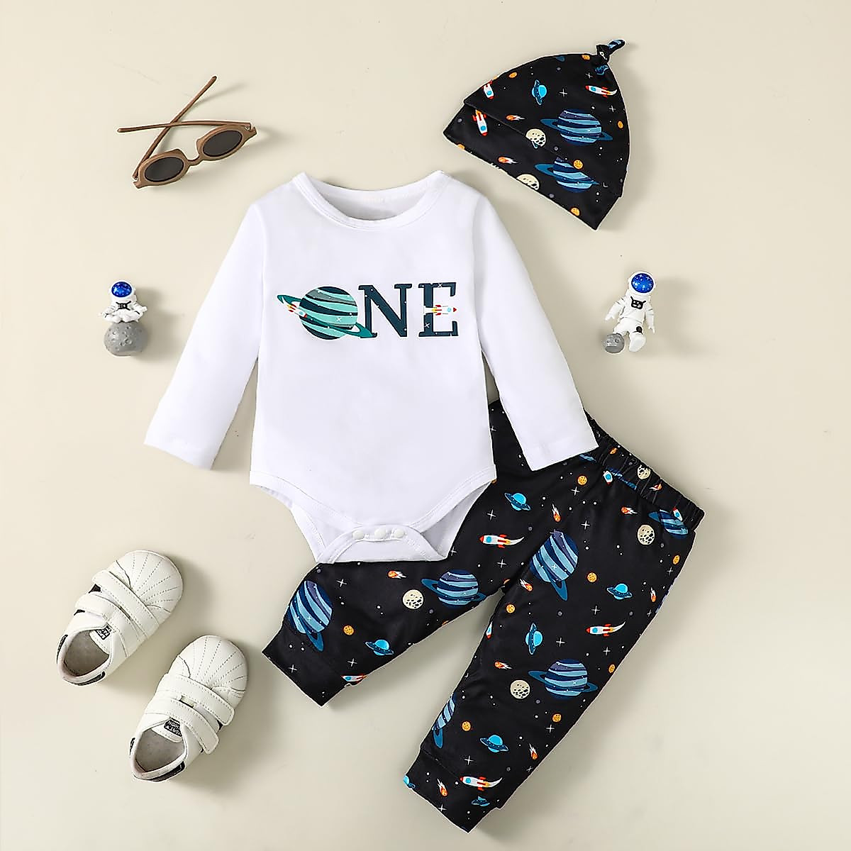 Baby Boy 1st Birthday Outfit Infant Boy First Birthday Clothes Boy Astronauts Cake Smash Bodysuit (White,12-18 Months)