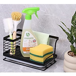 Homeve Kitchen Sink Caddy Organizer, Dishcloth Holder, Removable Drain Pan, Sponge, Brush Holder Rack, Bathroom Storage Organization on The countertop Stainless Steel Rustproo, Black-1 Pack