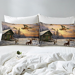 Feelyou Duck Hunting Duvet Cover Dog Hunter Bedding Set for Kids Boys Girls Flying Duck Comforter Cover Wildlife Bedspread Cover 1 Duvet Cover with 2 Pillowcases Full Size (No Comforter)