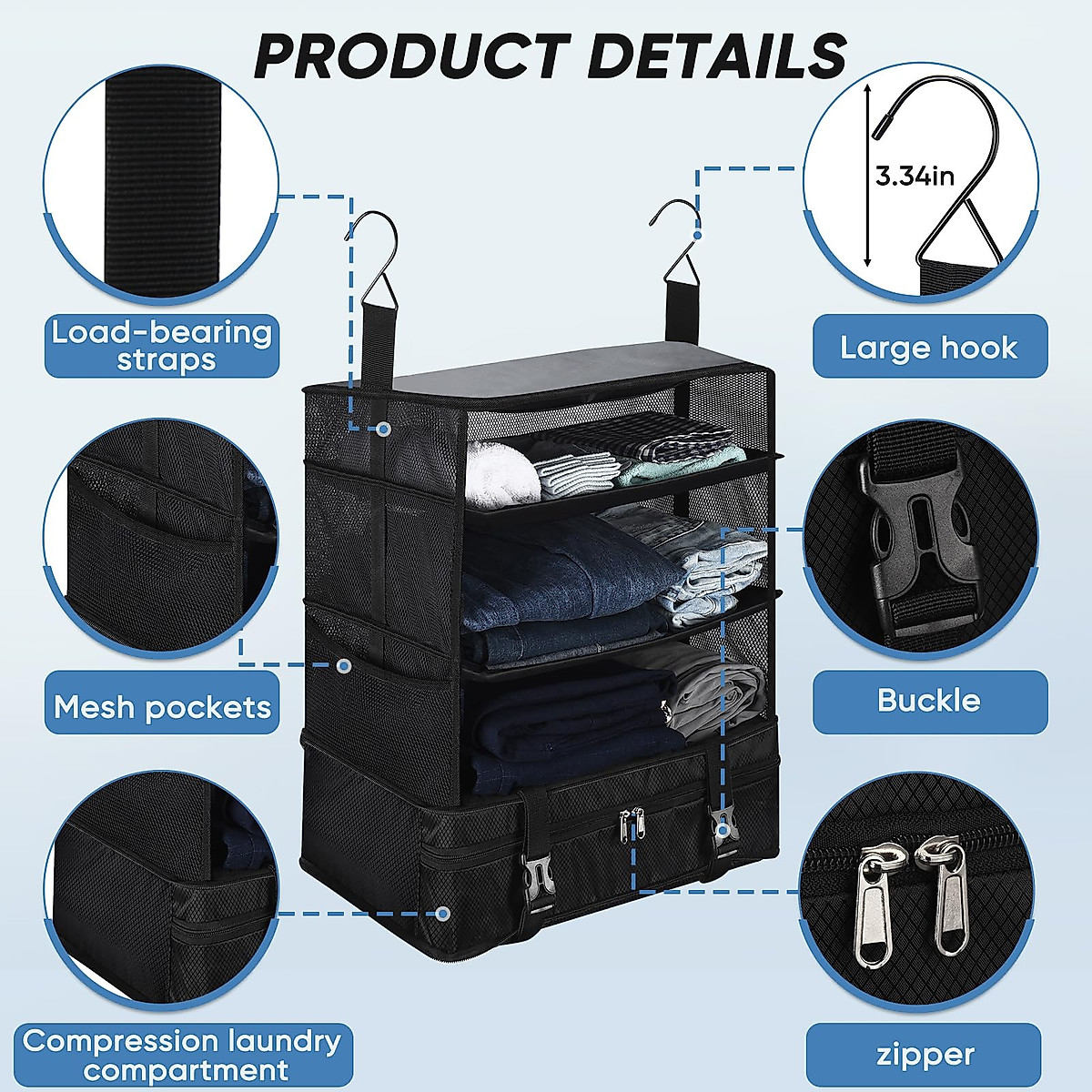 OUMEDUO Portable Hanging Travel Shelves, Upgraded Premium Durable Oxford Packing Cubes for Suitcases Hanging Carry on Closet Luggage Organizers for Travel (Black)