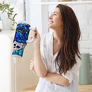 RPLIFE Blue Flowers Sugar Skulls Stainless Steel Coffee Tumbler, Insulated Water Bottle with Straw, Tumbler for Men