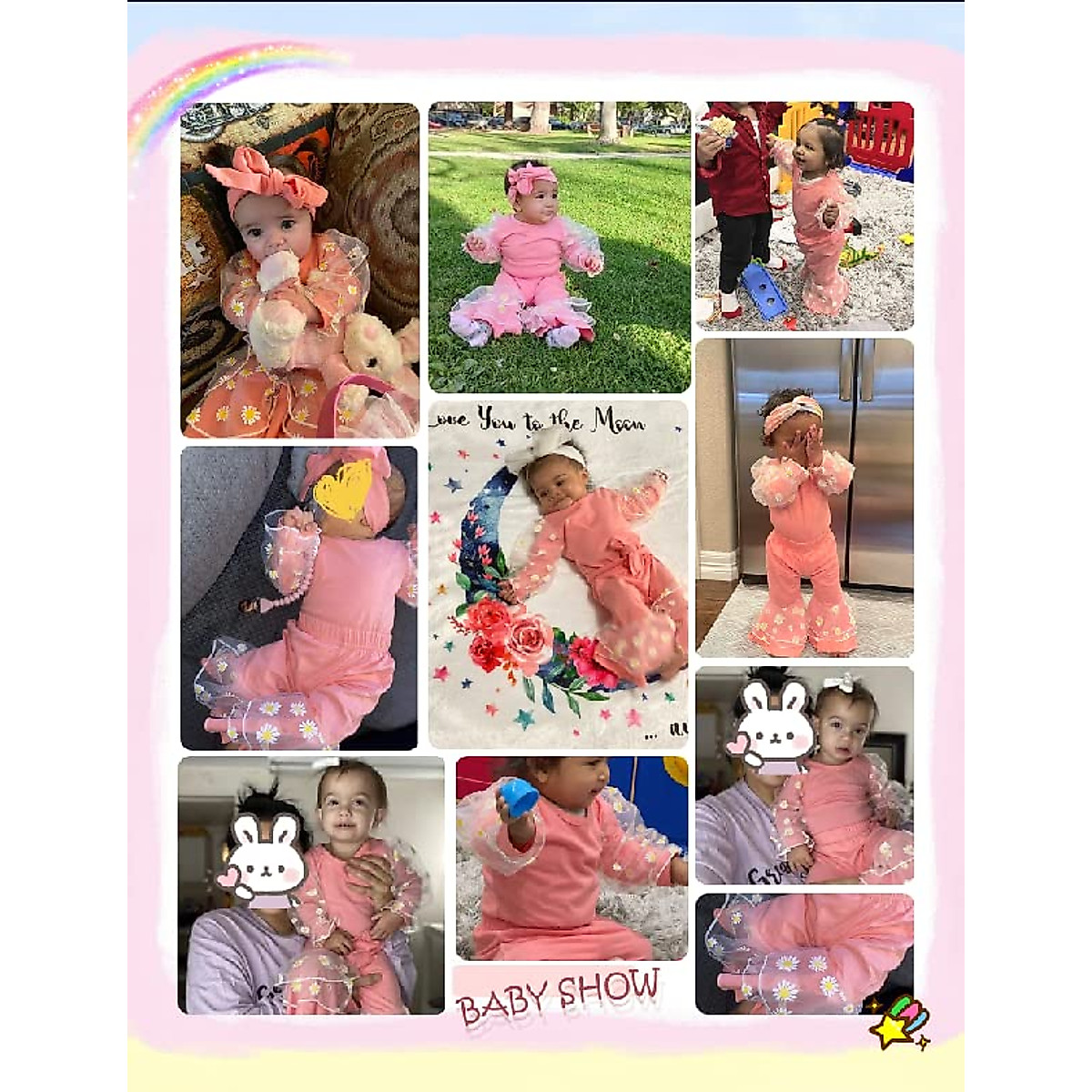 Baby Girl Outfit 3-6 Months,Baby Girl Bell Bottoms Mesh Daisy Outfits Long Sleeve Romper + Flare Pants + Headband 3Pcs Baby Girl Outfits Pink
