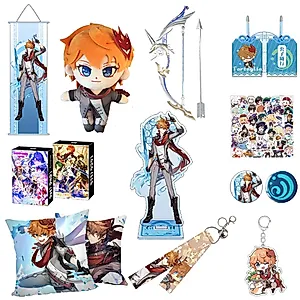 Genshin Impact Merch Box - Including Doll, Pillowcase, Hanging Picture, Acrylic Stand, Amulet, Keychain, Bell Pendant, 2 Brooch,30 Lomo card, 50 Sticker (Tartaglia), 25cmx20cmx7cm (BOX-YS001)