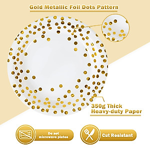 CENLBJ Disposable Plates 100 Pack - White & Gold Paper Plates 50 x 7, Gold Dot Napkins 50 x 6.5, Party Supplies for Weddings, Birthdays & All Occasions